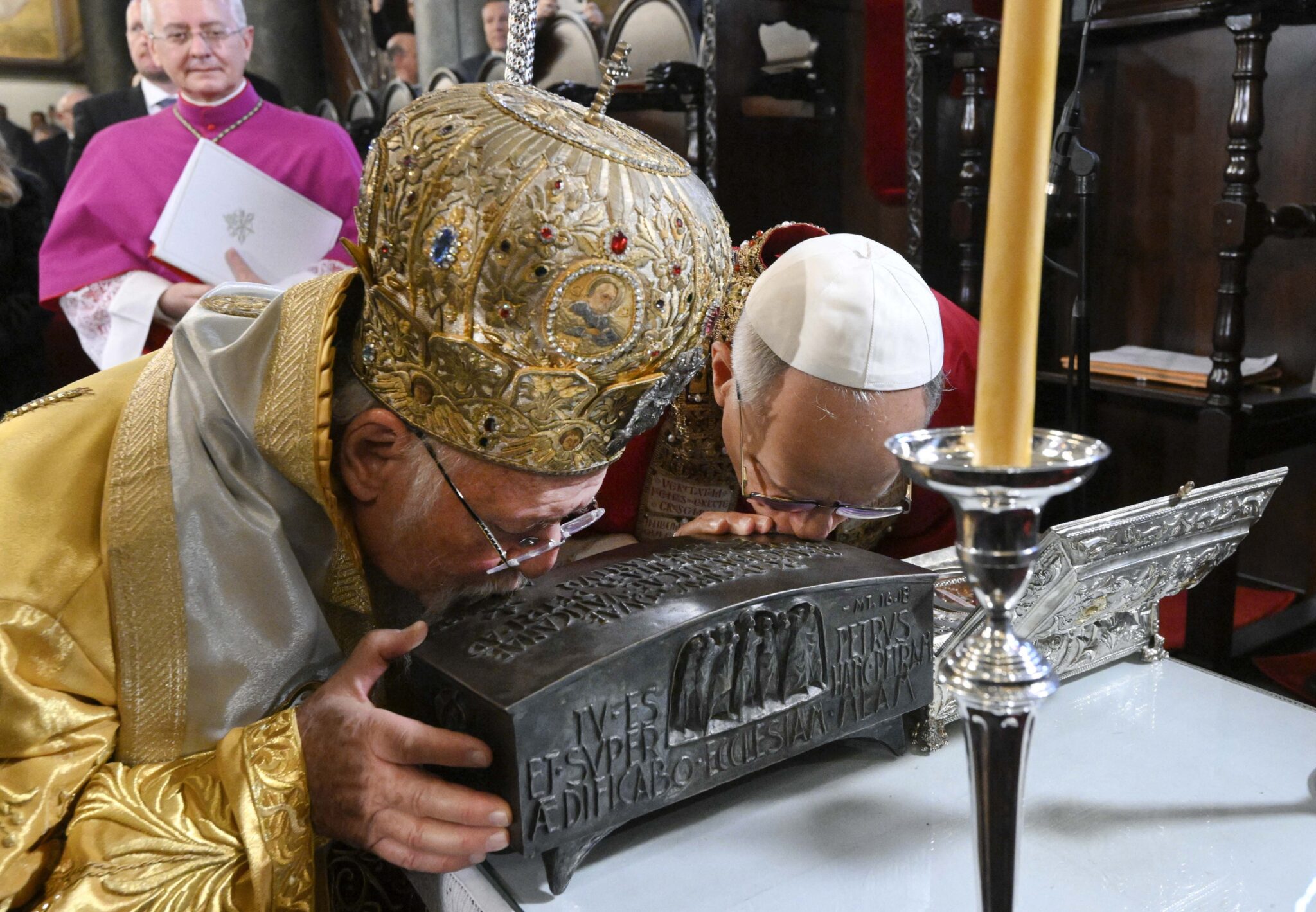 Pope Leo XIV, after praying with Ecumenical Patriarch Bartholomew in ...